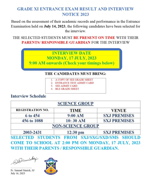 GRADE X1 ENTRANCE EXAM RESULT AND INTERVIEW NOTICE 2023 St. Xavier's School